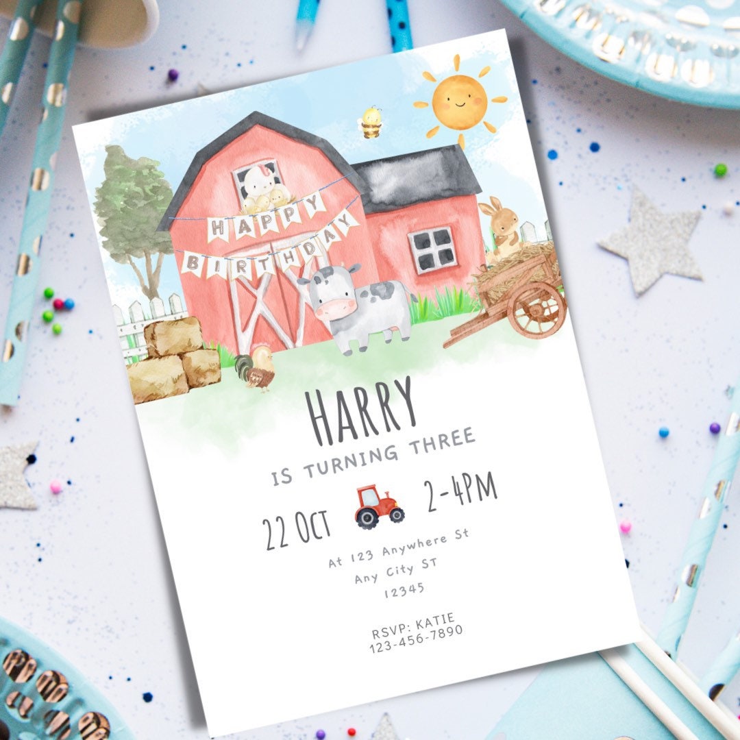 Farm Animal Party Invitation, Barn, Childrens Party, Party Invite, Farm ...
