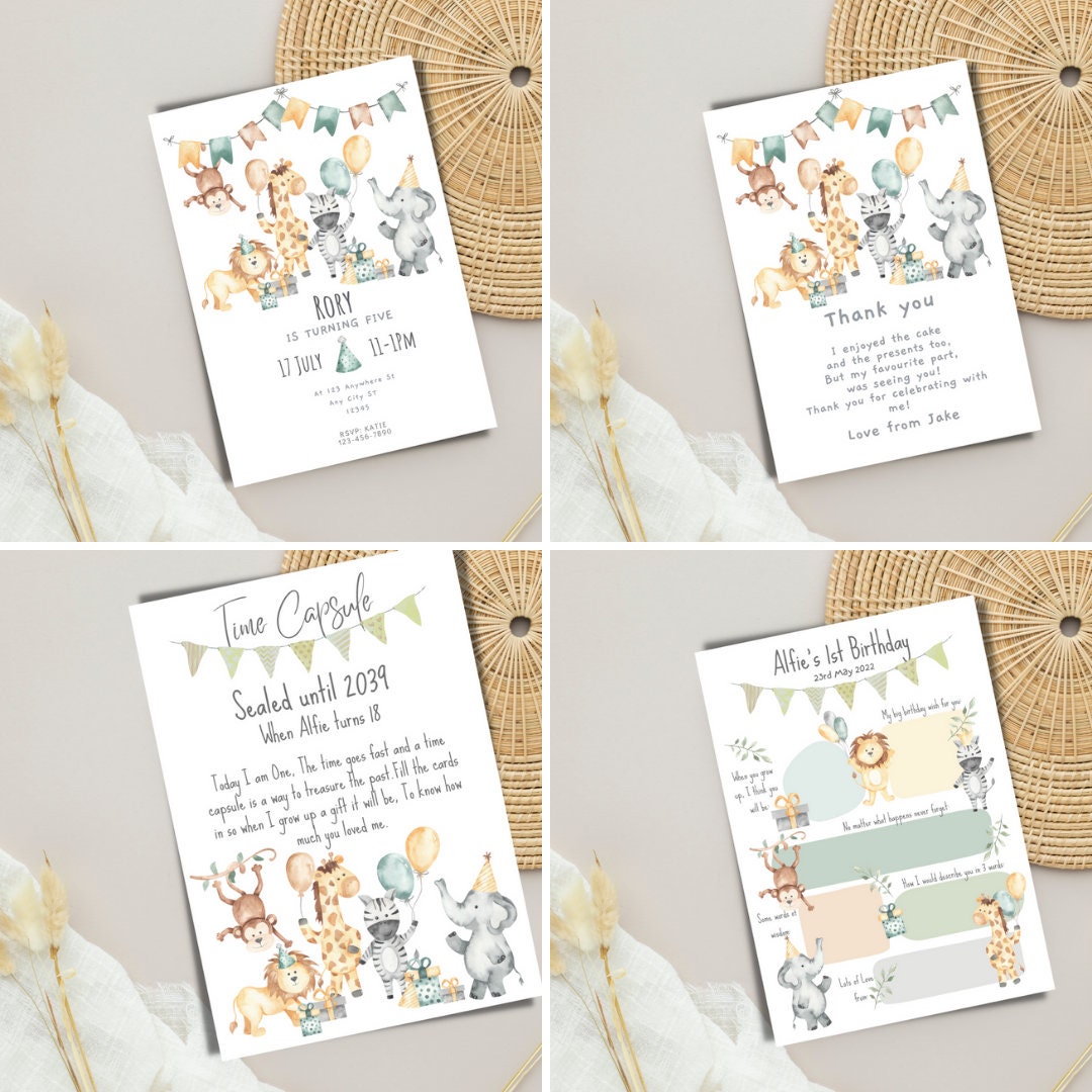 Safari Birthday Party Pack: Invitations, Thank You & Time Capsule Cards ...