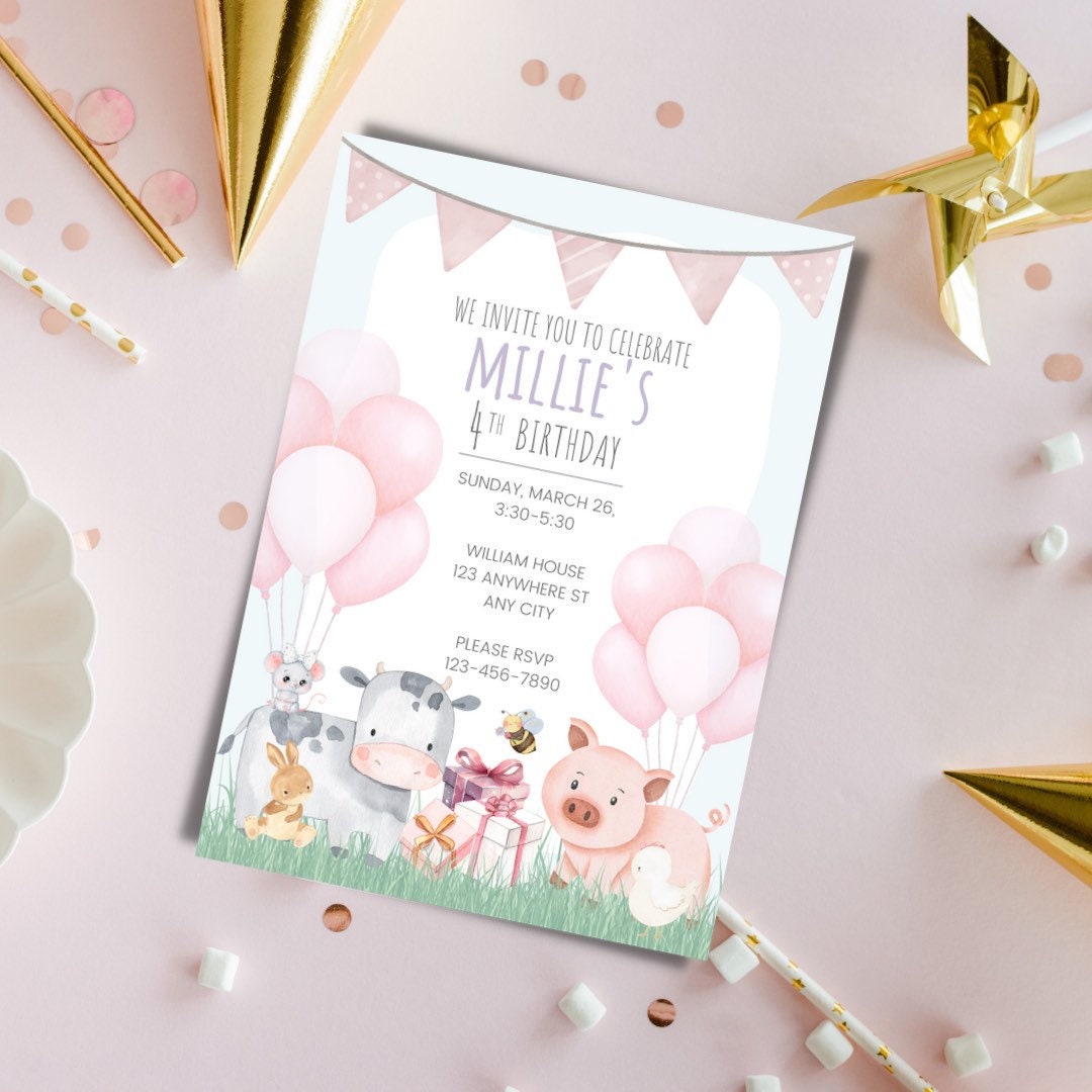 Farm Animal Party Invitation, Pastel, Childrens Party, Party Invite ...