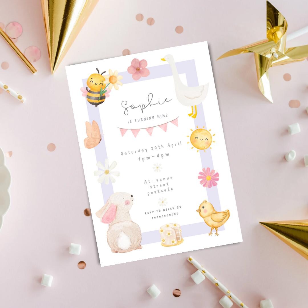Spring Birthday Party Invitation: Rabbit, Bee, Duck, Flowers - Etsy