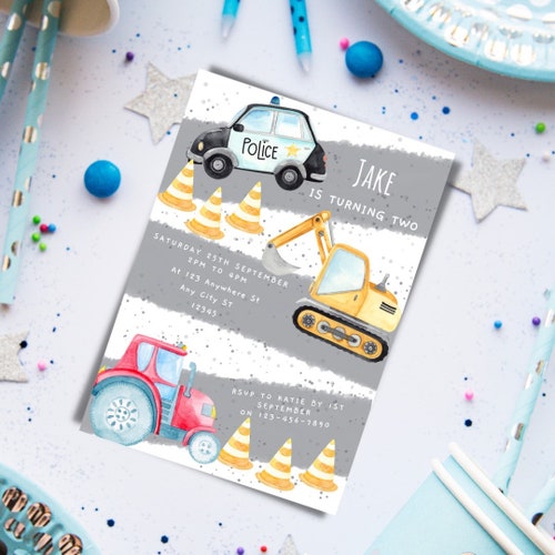 Vehicle Birthday Party Invitation Vehicles Childrens Party - Etsy