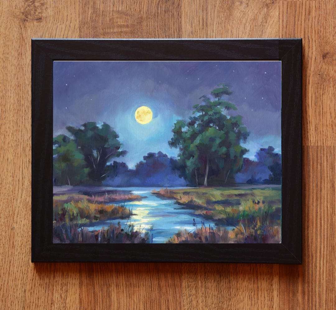 Moon Landscape Art PRINT, Night Lake Painting Nocturnal Landscape ...