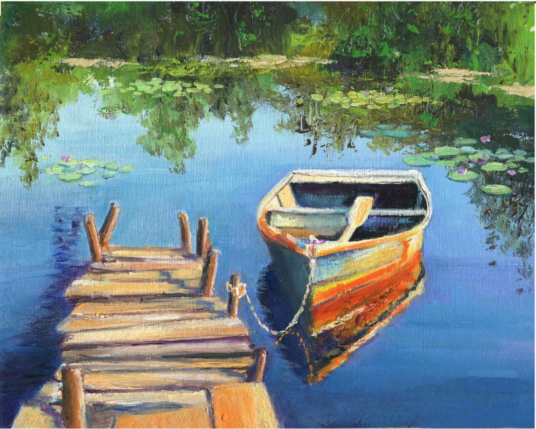 Fishing Boat ORIGINAL Oil Painting, Water Liles River Artwork, Jetty ...