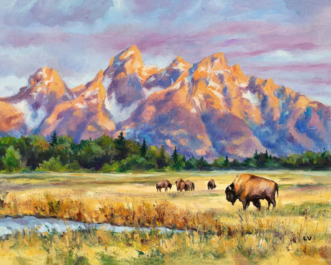Wyoming Mountains ORIGINAL Painting, Tetons Landscape Bison, Wilderness ...