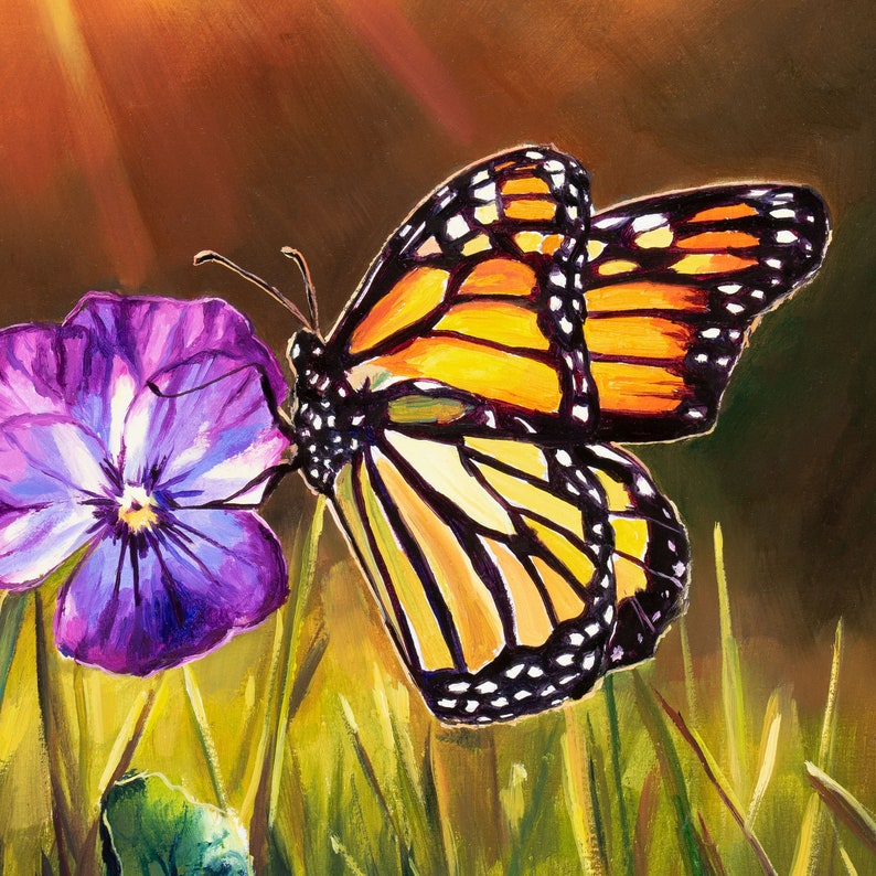 ORIGINAL Monarch Butterfly Oil Painting, Violet Flower and Butterfly ...