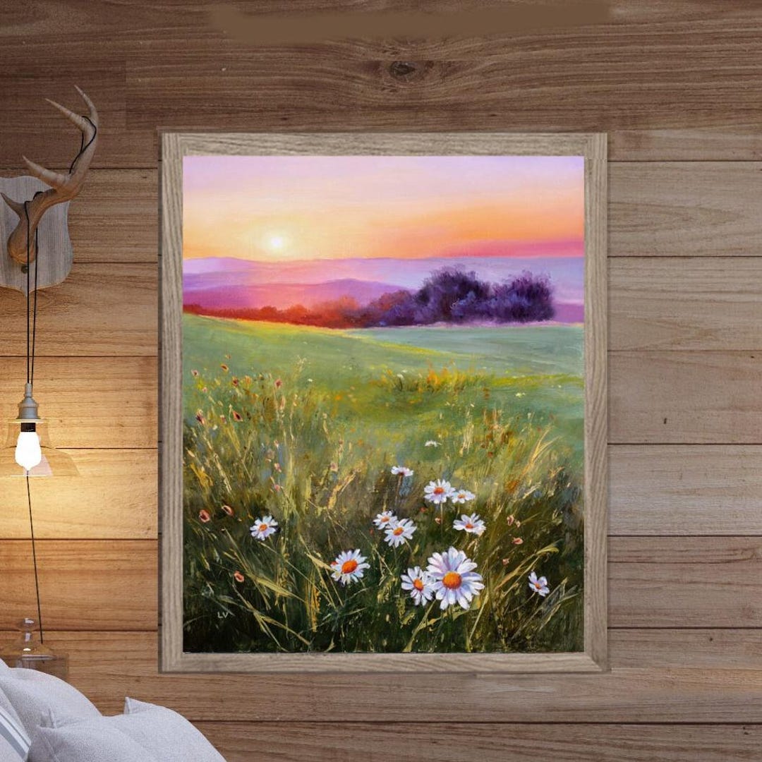 Spring Daisy Meadow Oil Painting PRINT, Warm Colors Sunset Sky Art ...