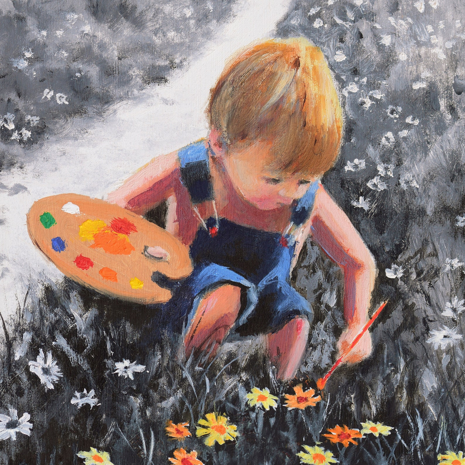 Happy child painting Child in field of flowers art Vintage | Etsy