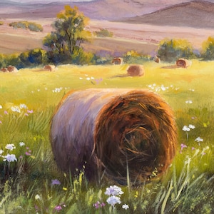 Hay Bales Crop Field Painting PRINT, Bucolic Agricultural Meadow ...