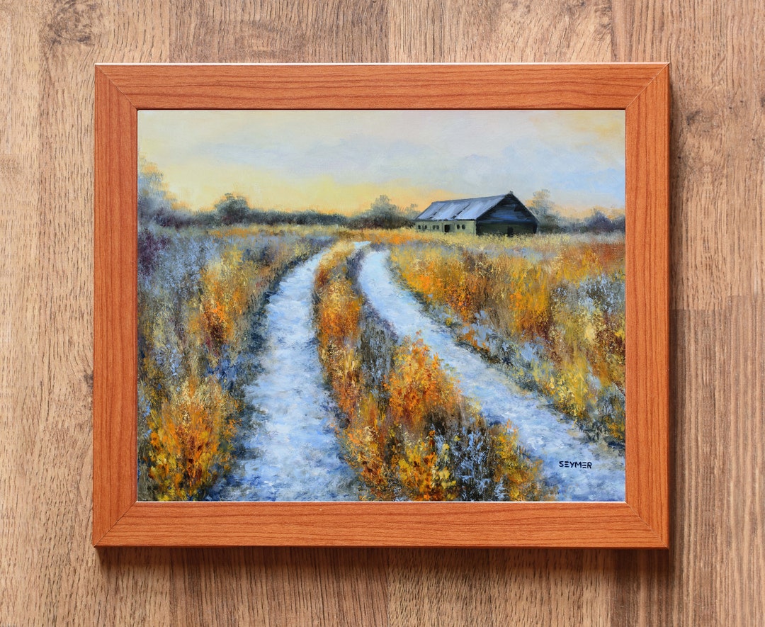Snowy Country Landscape Painting Original, Rustic Winter Scene Vintage ...