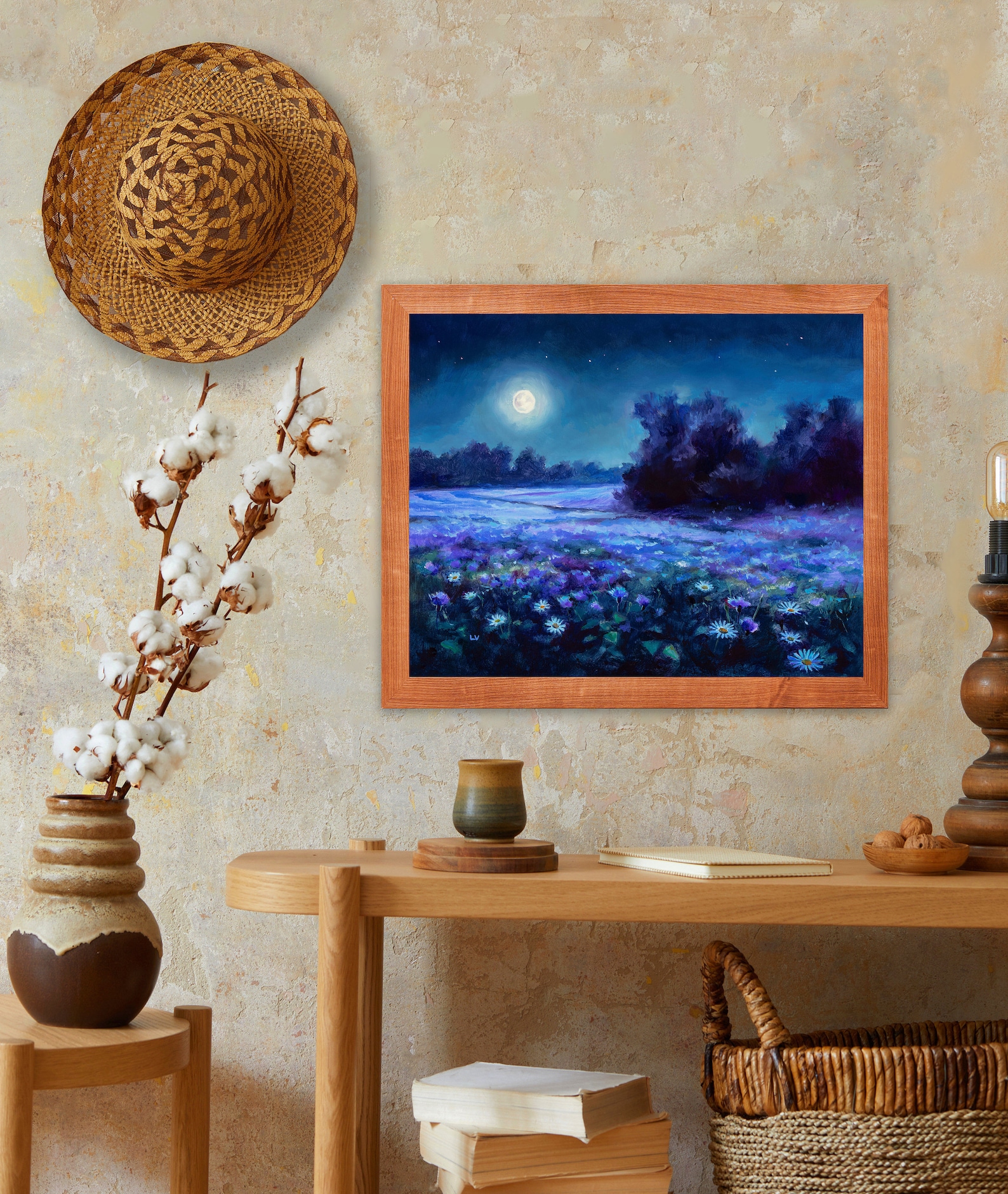 Nocturne Landscape Oil Painting, Night Flower Field ORIGINAL Artwork ...
