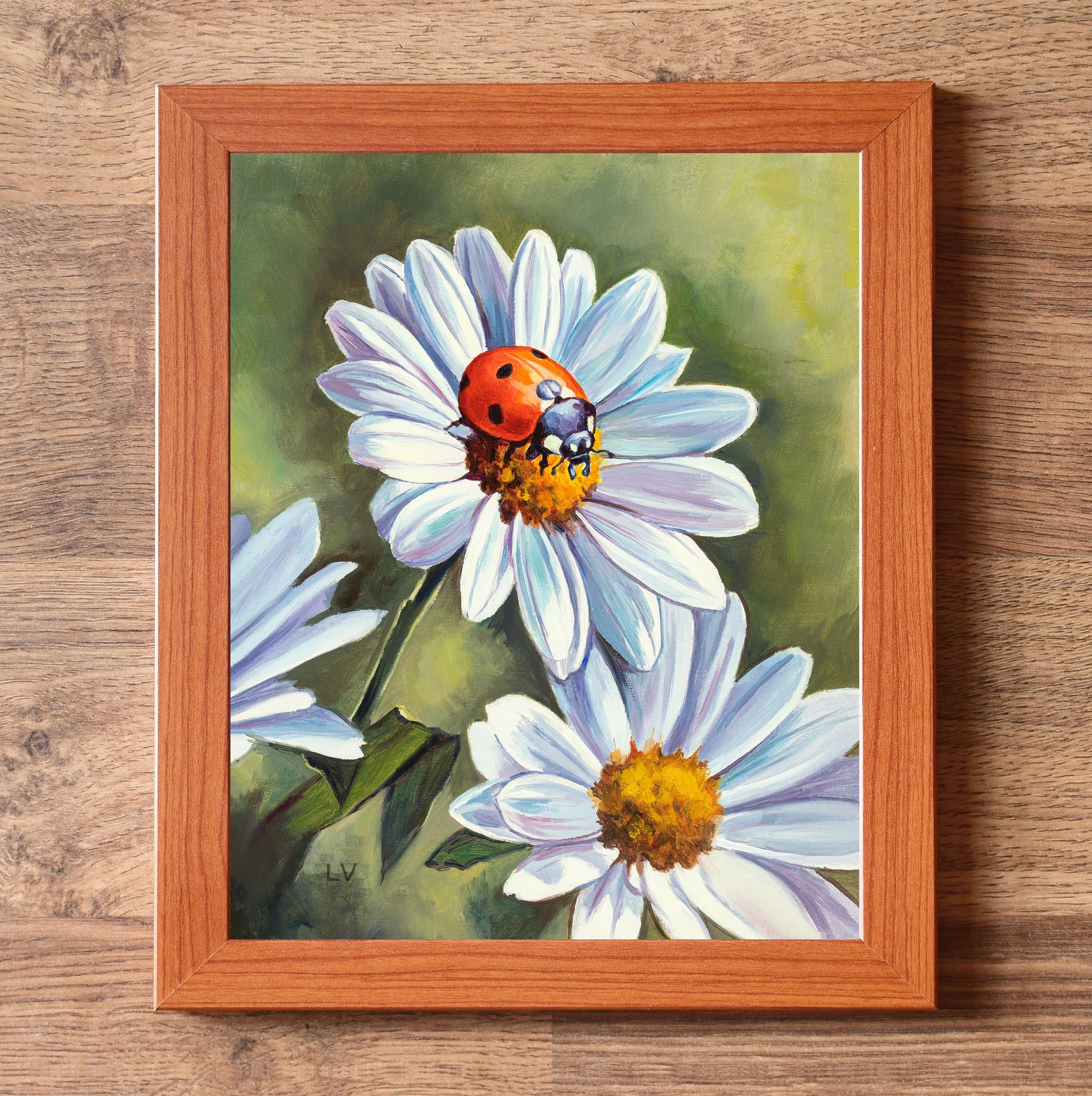 ORIGINAL Ladybug Painting, Ladybird Oil Painting, Framed Daisies ...