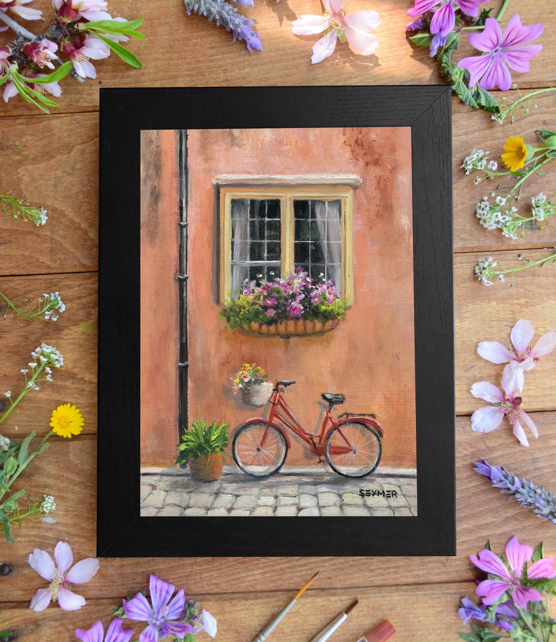 Bicycle Painting ORIGINAL Window Flowers With Bike Wall Art - Etsy