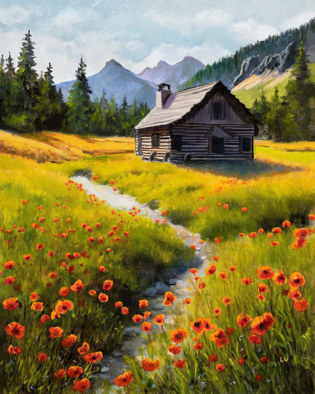 Cabin in the Woods ORIGINAL Oil Painting, Mountain Stream Artwork ...