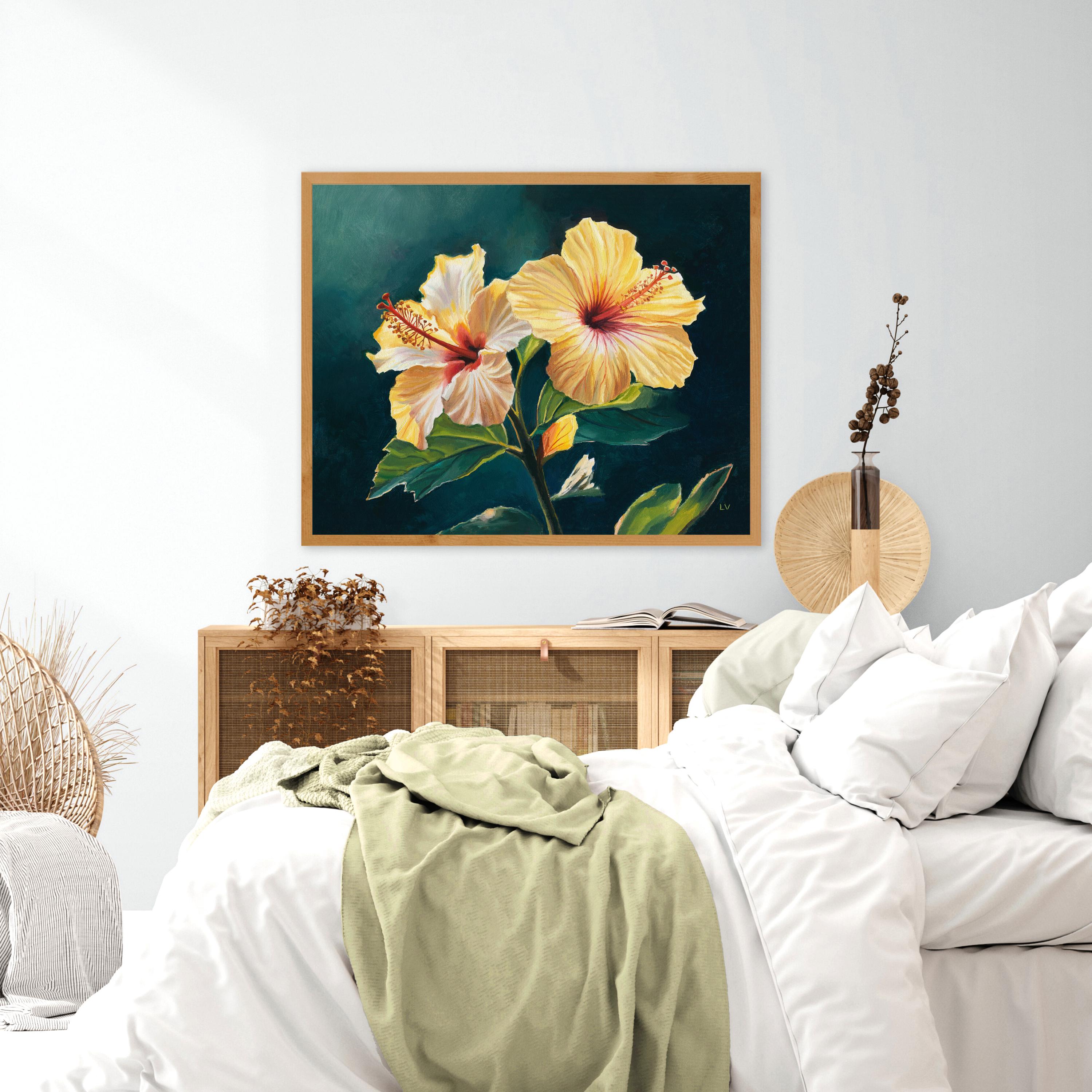 Yellow Hibiscus Flowers Painting PRINT, Tropical Floral Oil Artwork ...