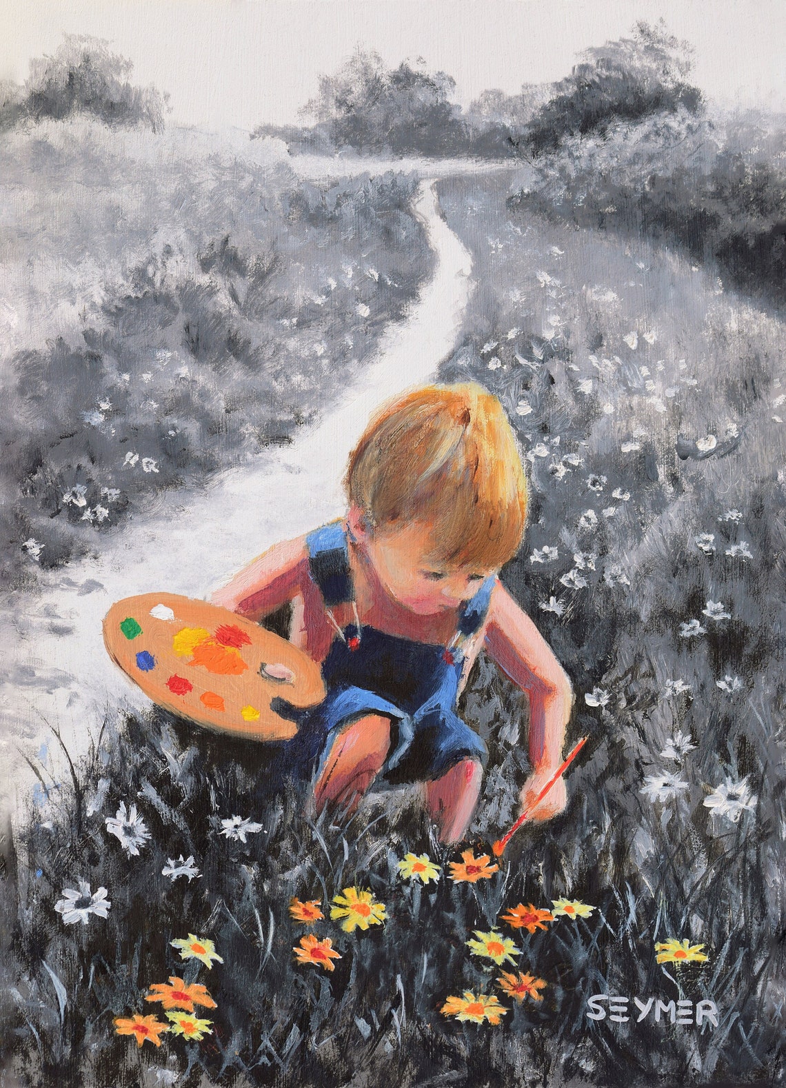 Happy Child Painting Child in Field of Flowers Art Vintage - Etsy UK
