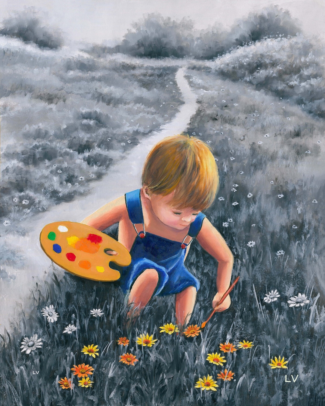 Happy Child Painting, Child in Field of Flowers Art, Vintage Nursery ...