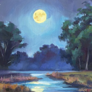 Night River Painting ORIGINAL, Nocturne Landscape River, Marshland ...