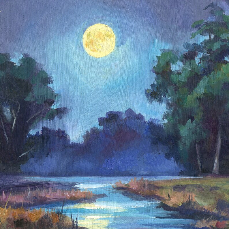 Night River Painting ORIGINAL Nocturne Landscape River - Etsy