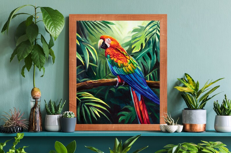 Red Parrot ORIGINAL Oil Painting, Jungle Macaw Portrait, Tropical Bird ...