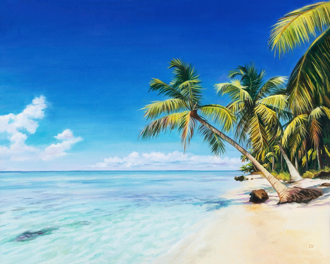 Tropical Palm Tree Beach ORIGINAL Painting, Sunny Oceanscape Oil ...