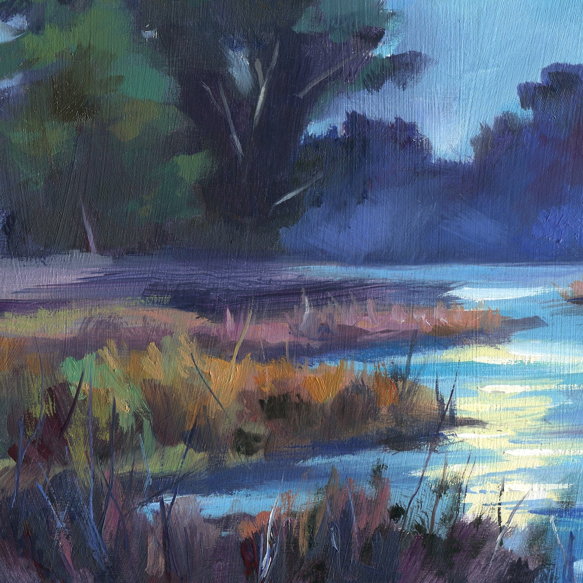 Night River Painting ORIGINAL, Nocturne Landscape River, Marshland ...