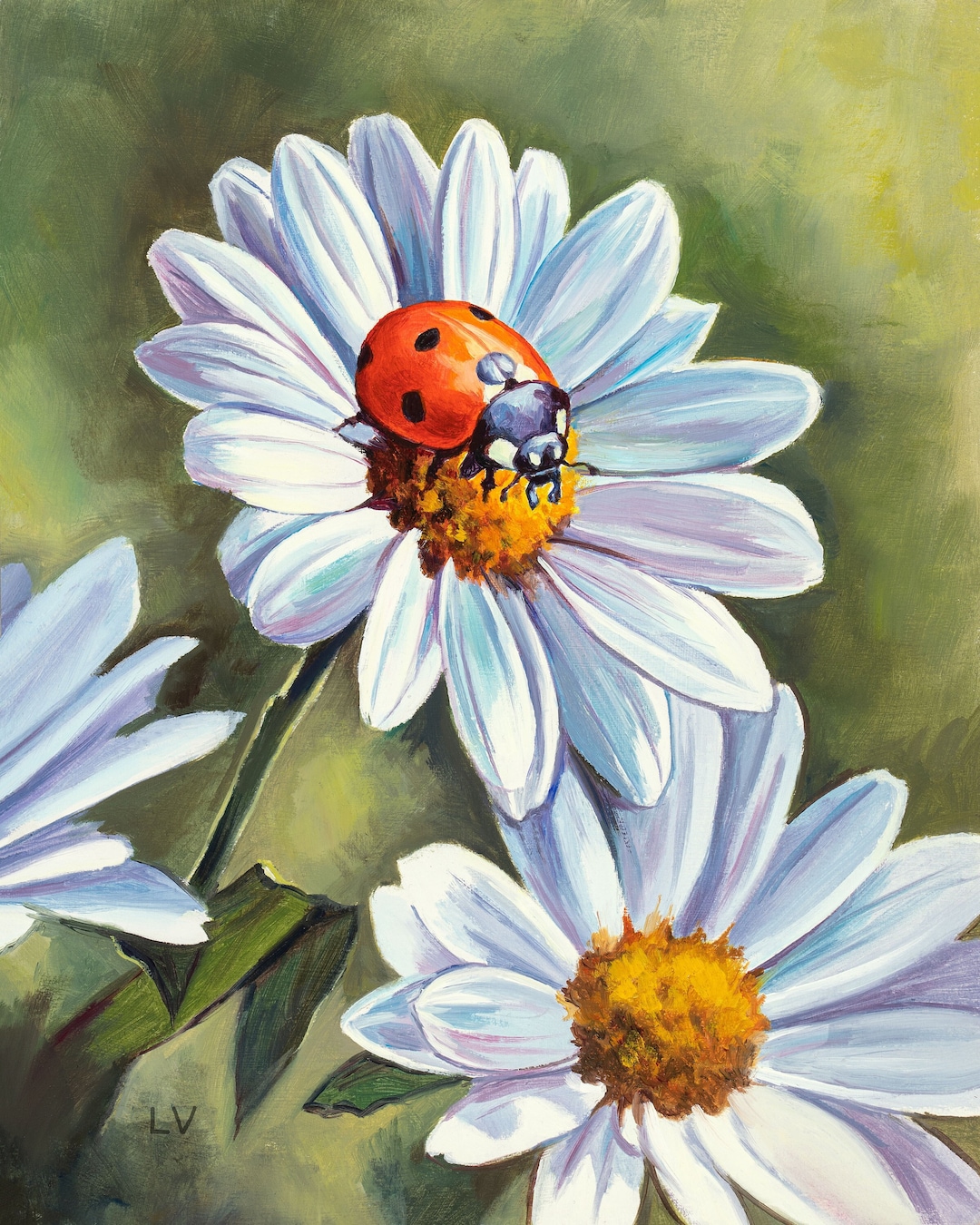 ORIGINAL Ladybug Painting, Ladybird Oil Painting, Framed Daisies ...