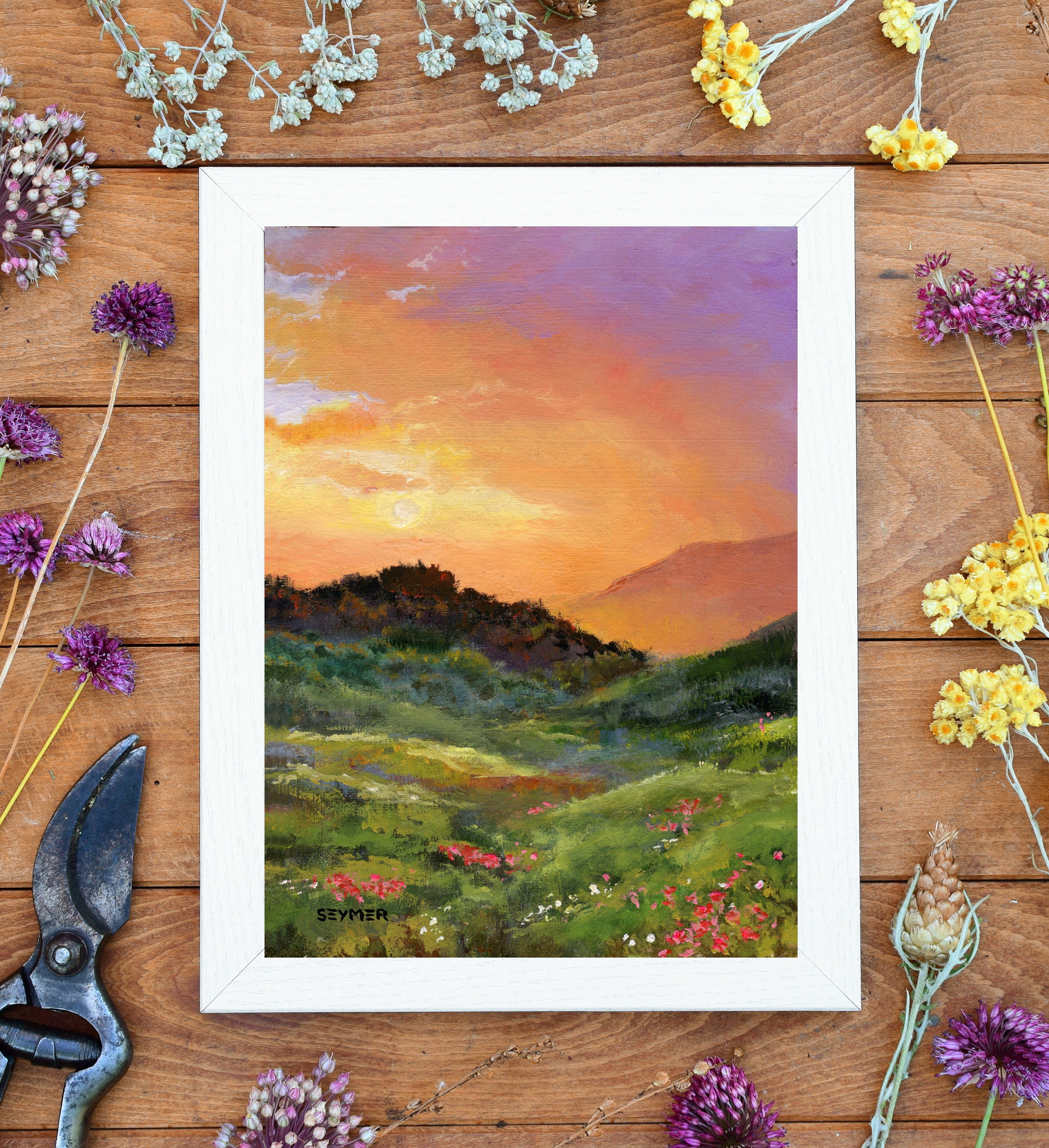 夕日の風景油絵オリジナル、額入り田舎風景画、モダン農家画 夕日の風景油絵オリジナル、額入り田舎風景画、モダン農家画