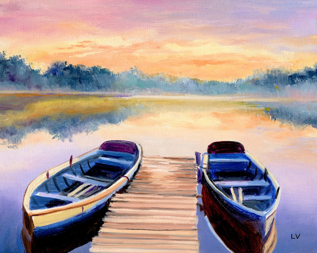 Boat ORIGINAL Art Framed, Nautical Oil Painting, Sunset Lake Landscape ...