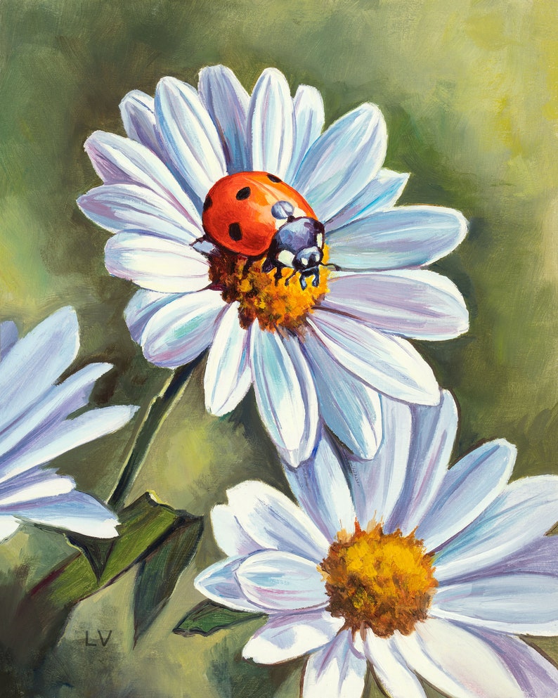 Daisy and Ladybug PRINT, Flower and Insect Painting, Farmhouse ...