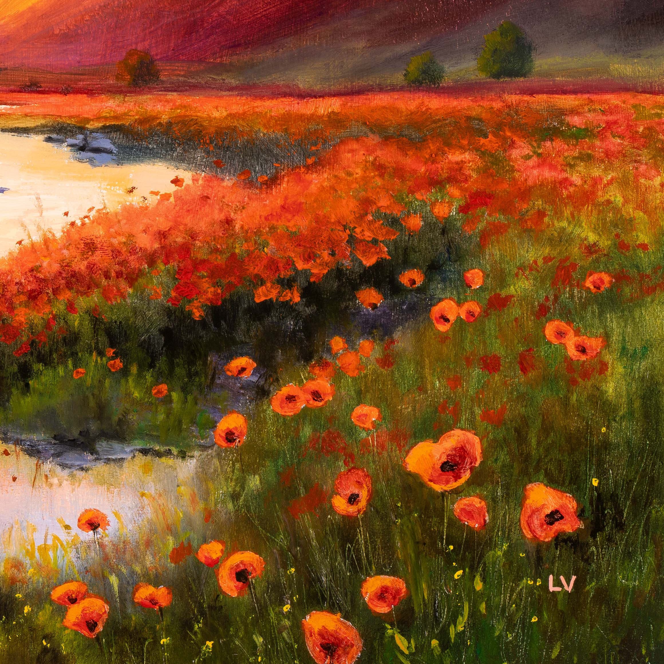 Golden Hour Landscape Art, Dusk Reflecions Water, Red Flowers Oil ...