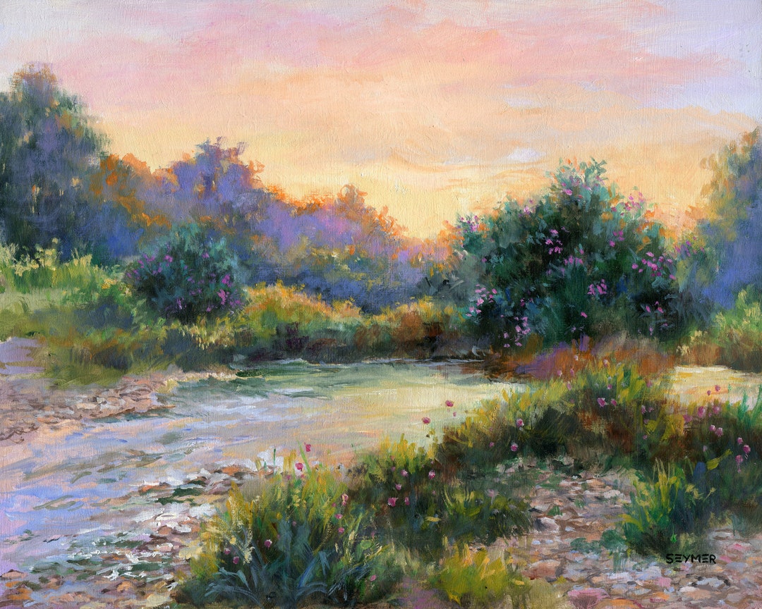 Sunset Painting Framed, Art River Landscape, Farmhouse Wall Decor ...
