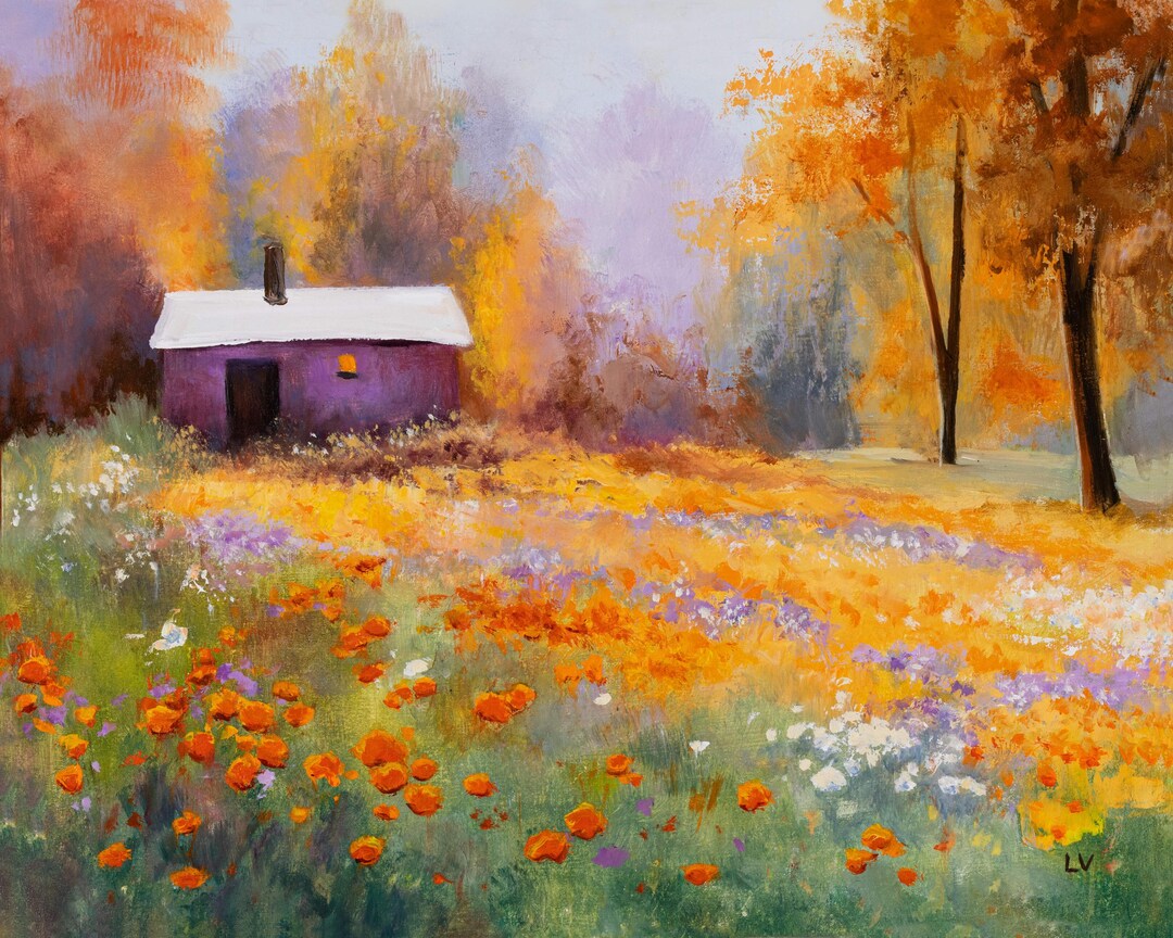 Cozy Cabin Fall Forest ORIGINAL Painting, Cottage Retreat Art, Goldeb ...