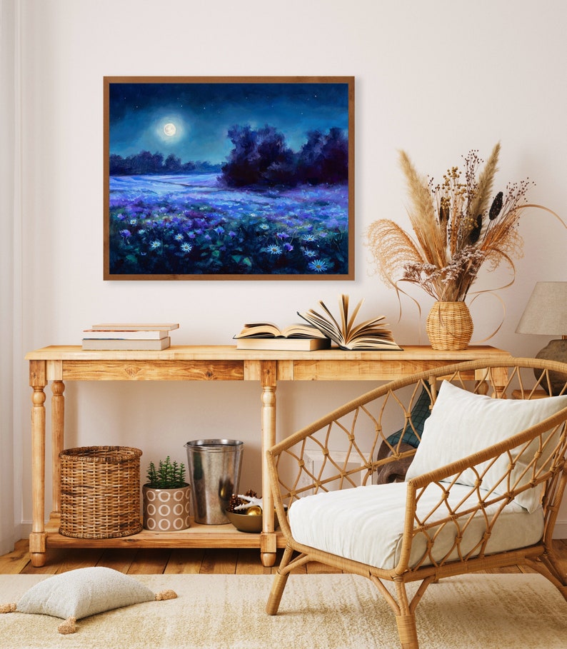 Nocturne Landscape Oil Painting, Night Flower Field ORIGINAL Artwork ...