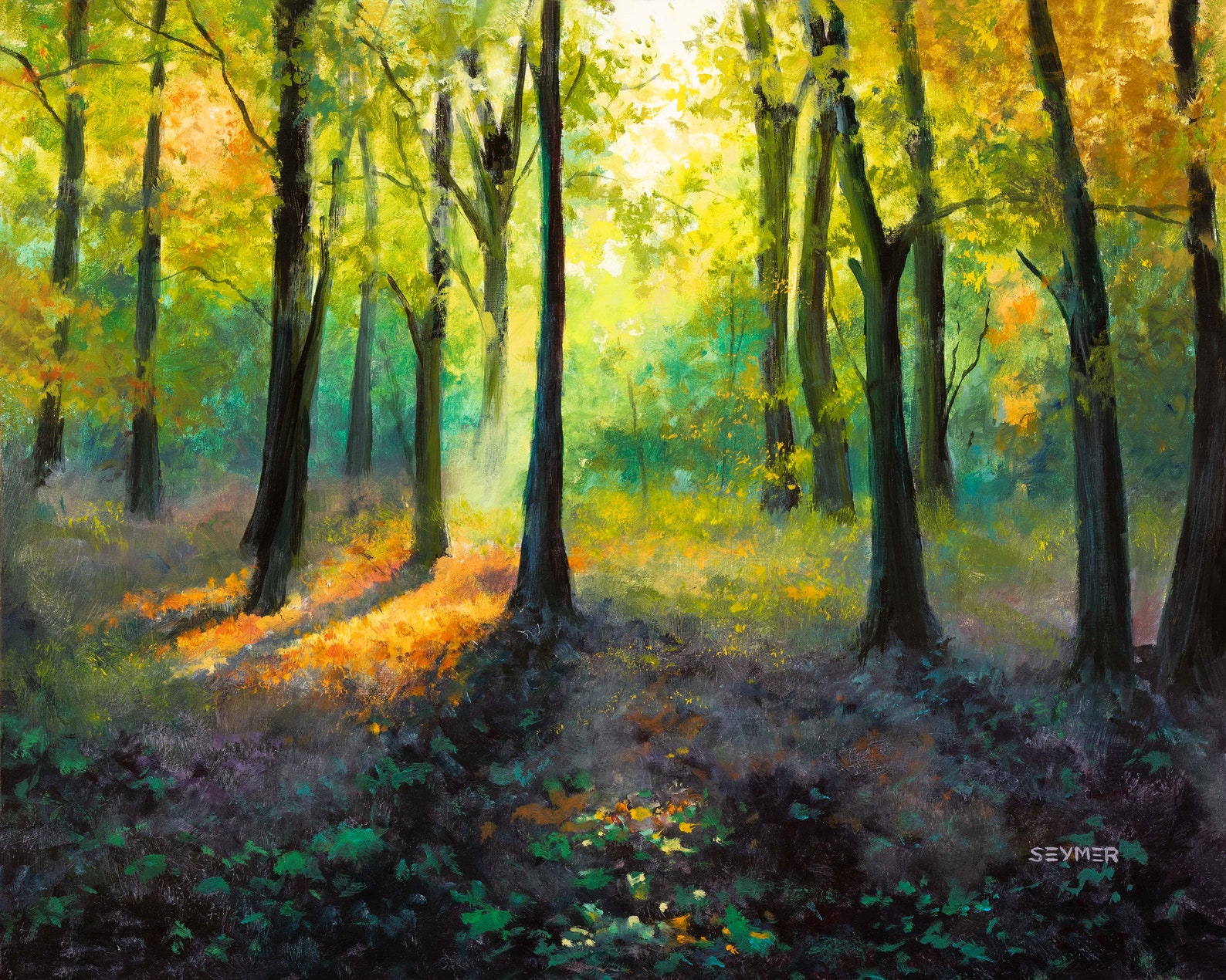 Woodland ORIGINAL Painting Oil, Green Forest Light Artwork, Mysterious ...