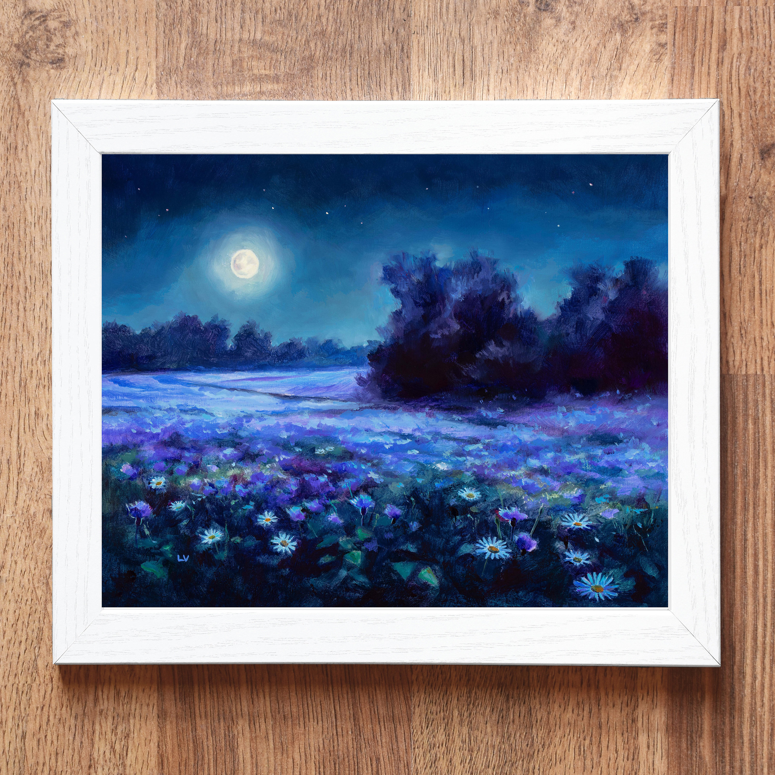 Nocturne Landscape Oil Painting, Night Flower Field ORIGINAL Artwork ...