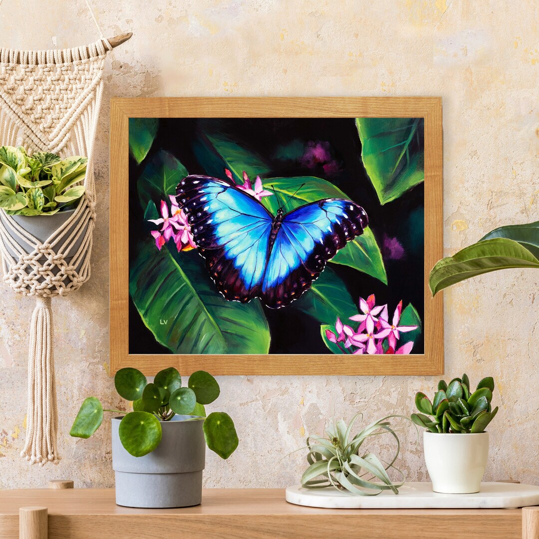Blue Morpho Butterfly Art PRINT, Colorful Insect Floral Wall Art ...