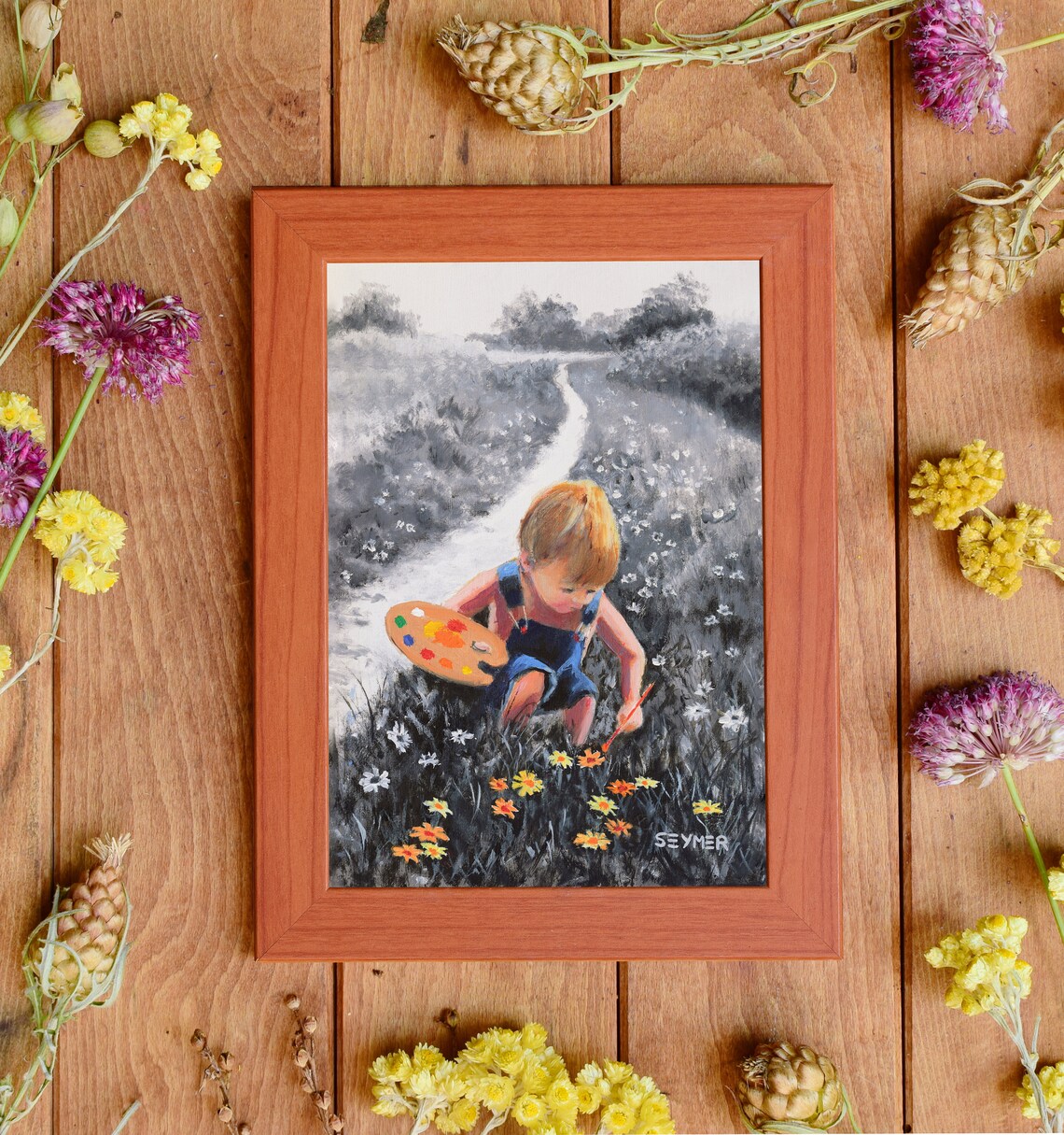 Happy child painting Child in field of flowers art Vintage | Etsy