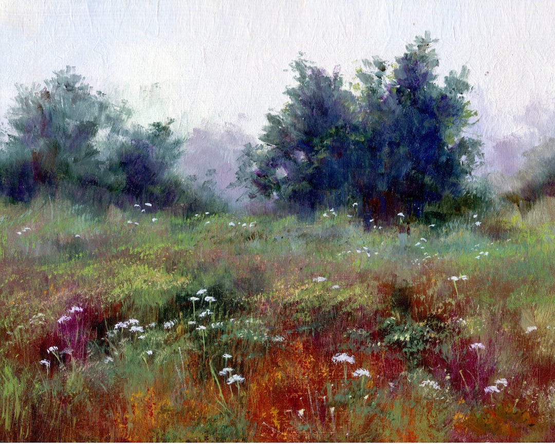 Field Wildflowers ORIGINAL Painting, Meadow Trees Landscape Artwork ...