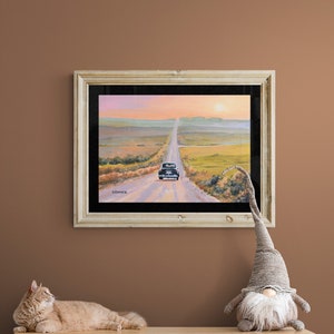 Road Car ORIGINAL Oil Painting, Car in Sunset Landscape, Road Field ...