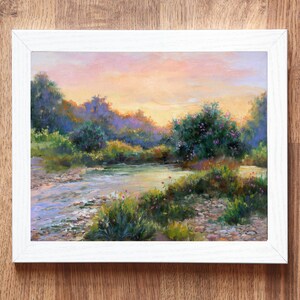 Sunset Painting Framed, Art River Landscape, Farmhouse Wall Decor ...