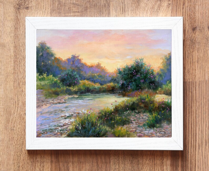 Sunset Painting Framed, Art River Landscape, Farmhouse Wall Decor ...