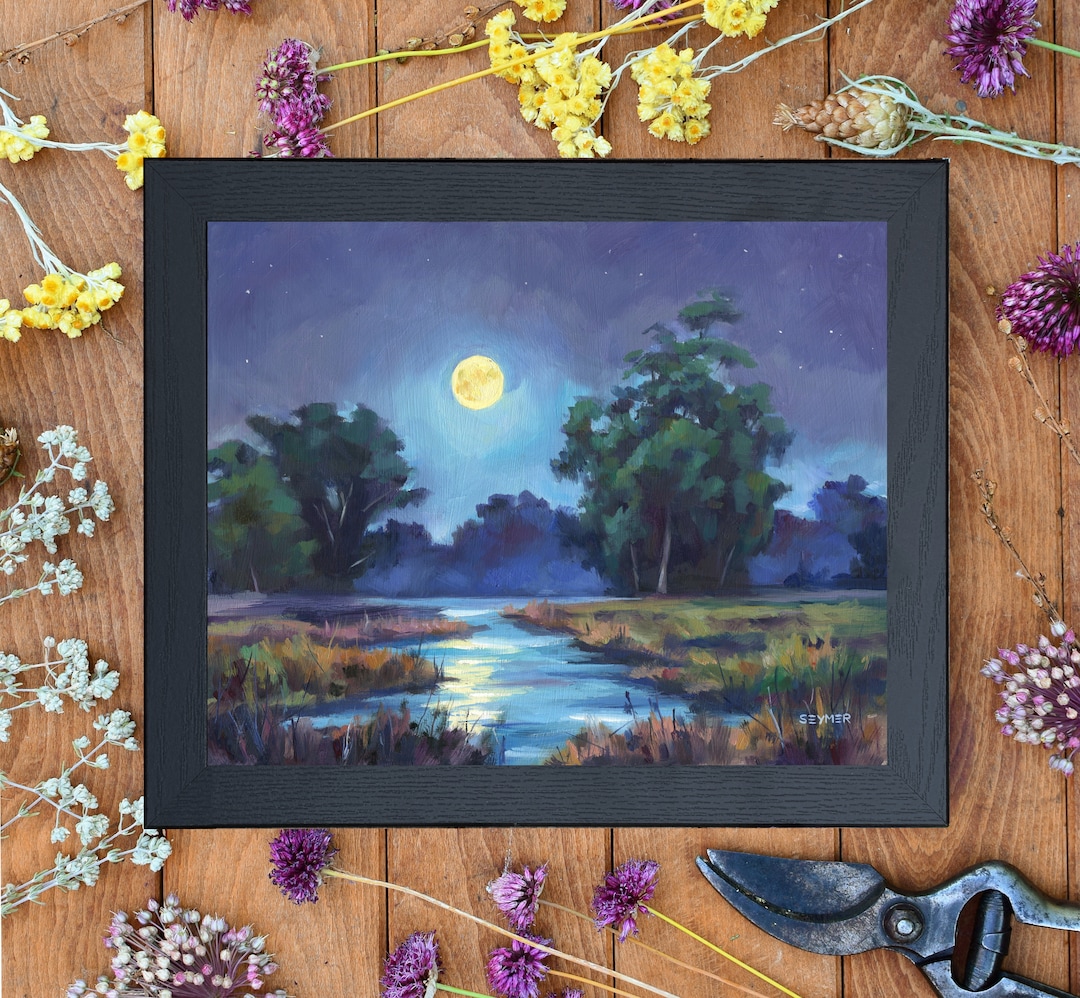 Night River Painting ORIGINAL, Nocturne Landscape River, Marshland ...