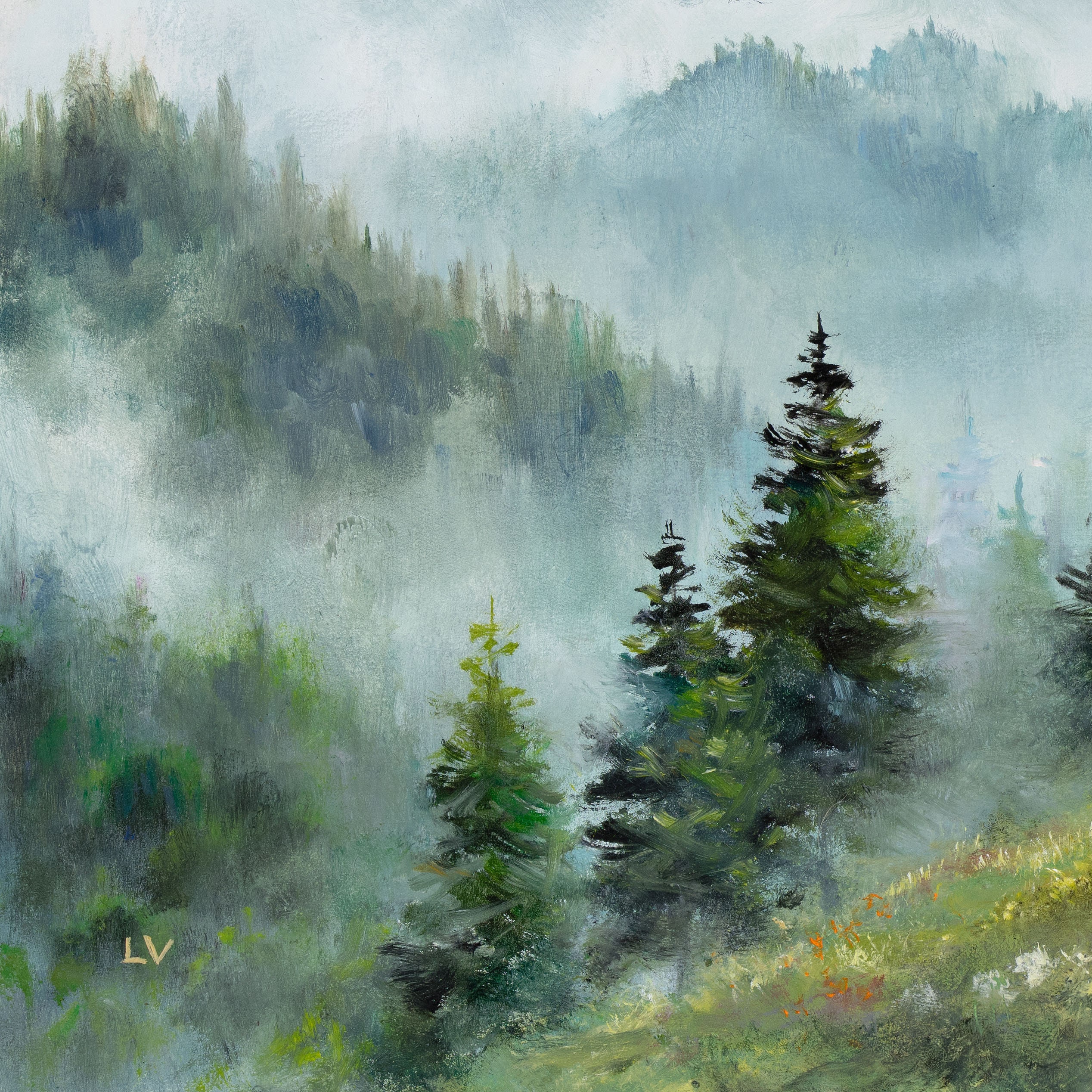 Spruce Tree Foggy Landscape Art PRINT, Canadian Mountains Artwork ...