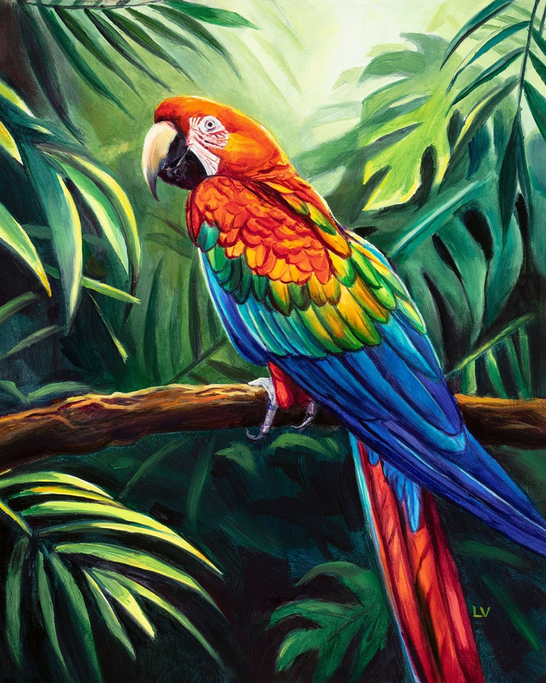Loro rojo, pintura al óleo ORIGINAL, retrato de guacamayo de la selva ...