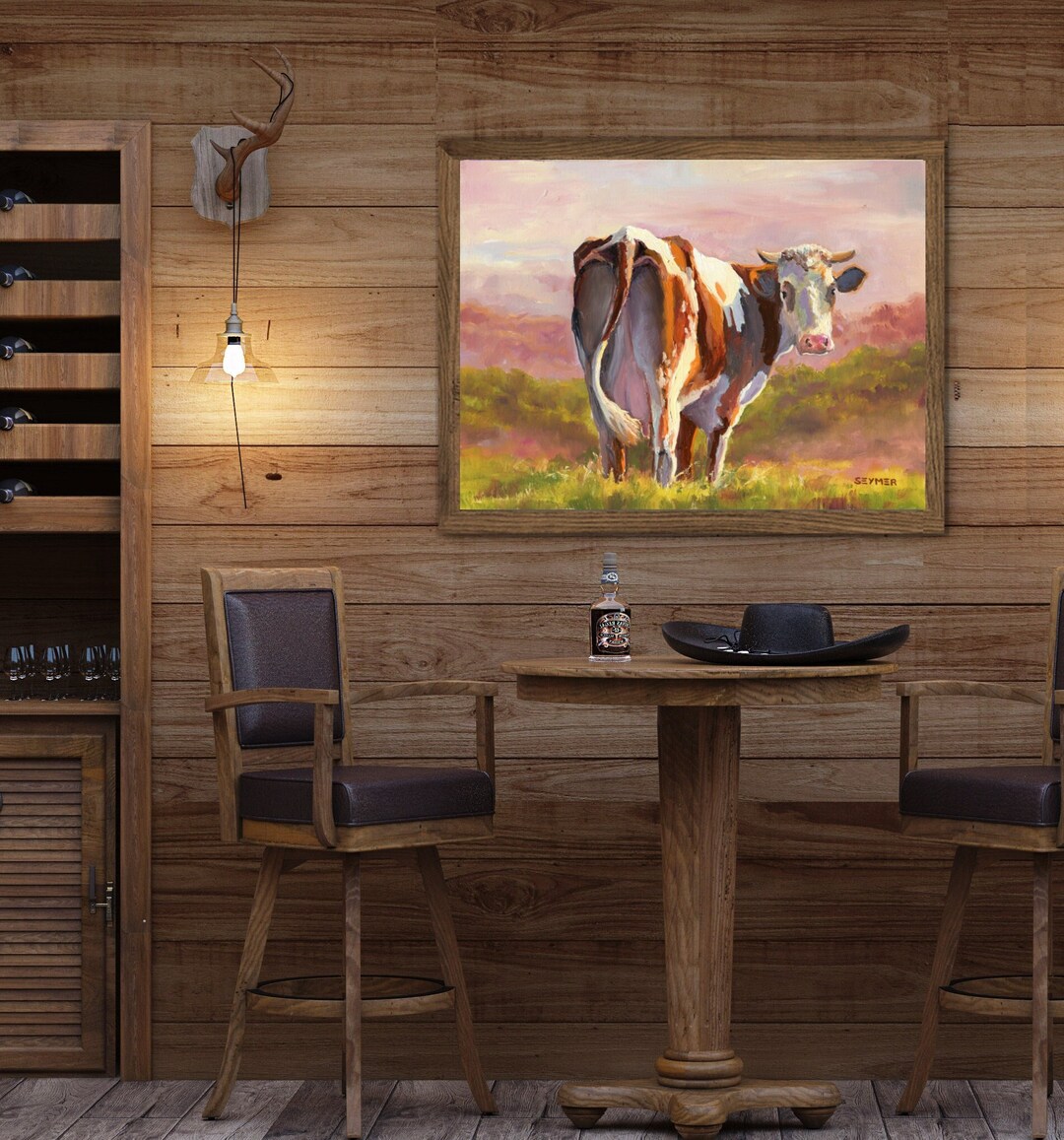 Vintage Animal Farm PRINT, Cow Oil Painting, Texas Ranch Decor, Kitchen ...