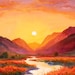 Golden Hour Landscape Art, Dusk Reflecions Water, Red Flowers Oil ...