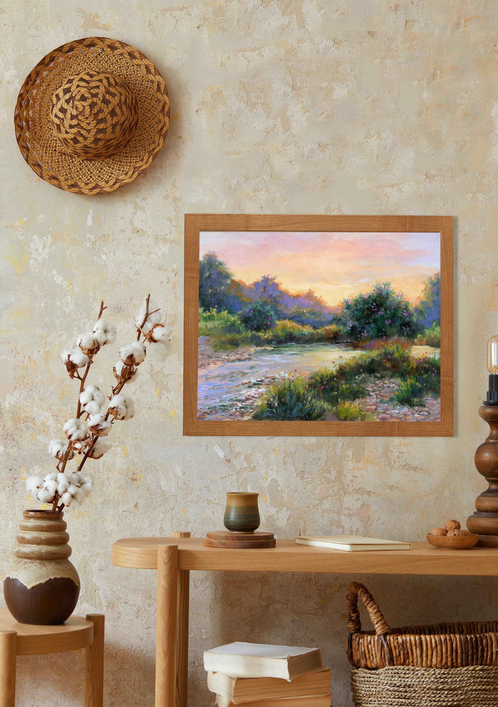 Sunset Painting Framed, Art River Landscape, Farmhouse Wall Decor ...