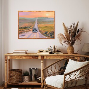 Road Car ORIGINAL Oil Painting, Car in Sunset Landscape, Road Field ...
