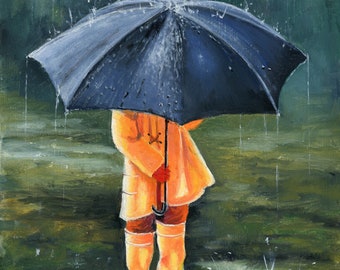 Boy with umbrella ORIGINAL painting Rainy day artwork Little boy charming art Kids nursery wall art 8x10 framed painting for kids room