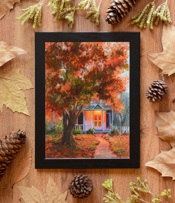 Cozy Fall House ORIGINAL Painting Cottage at Dusk Painting - Etsy